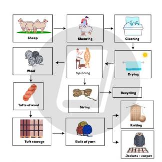 The diagram shows the different stages in the production of woolen ...